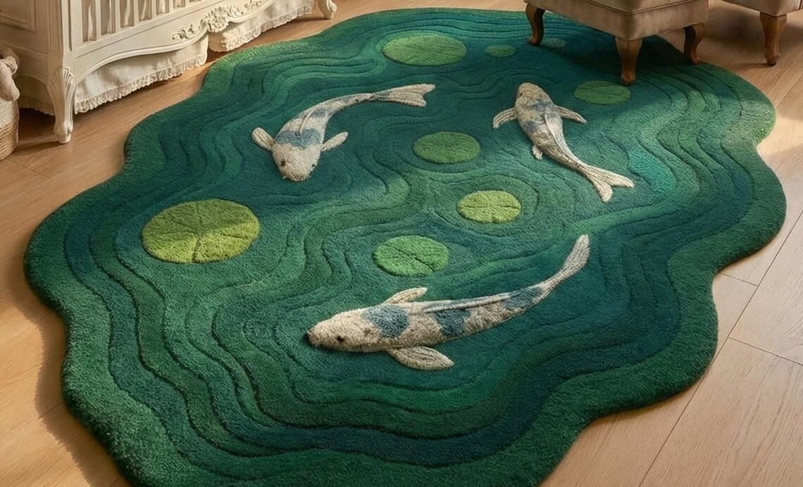 Hand Tufted Wool Rug ,koi Fish Pond Rug Serene Green Irregular Shape ...