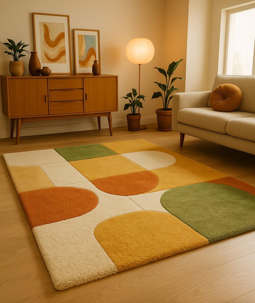 Handmade Tufted Wool Rug | Mid-century Geometric Wool Rug Retro Wave ...