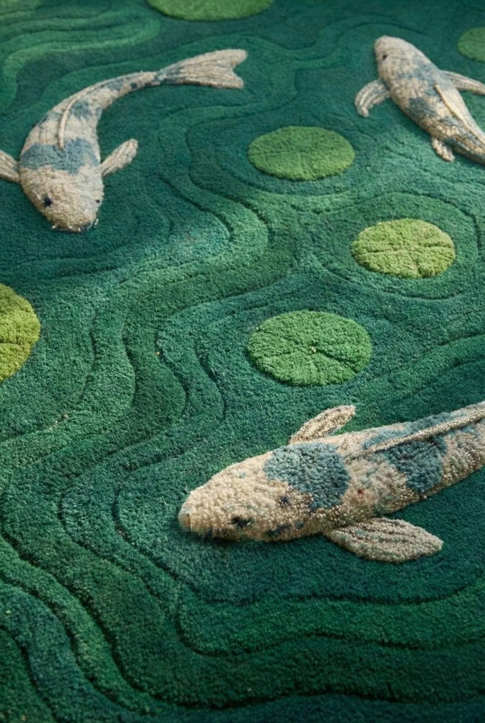 Hand Tufted Wool Rug ,koi Fish Pond Rug Serene Green Irregular Shape ...