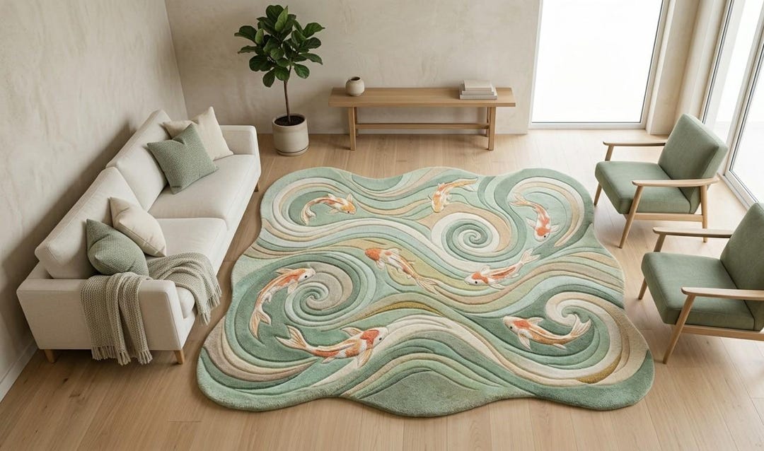 Organic Koi Fish Area Rug, Sage Green Sculpted Modern Living Room ...