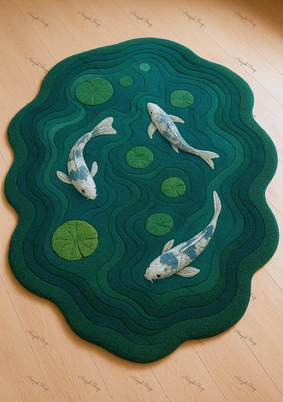Hand Tufted Wool Rug ,koi Fish Pond Rug Serene Green Irregular Shape ...