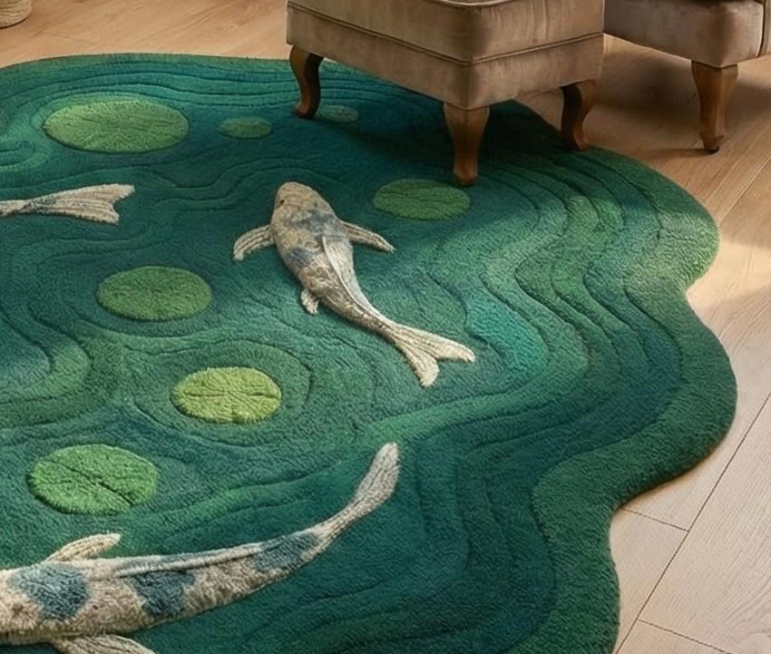 Hand Tufted Wool Rug ,koi Fish Pond Rug Serene Green Irregular Shape ...