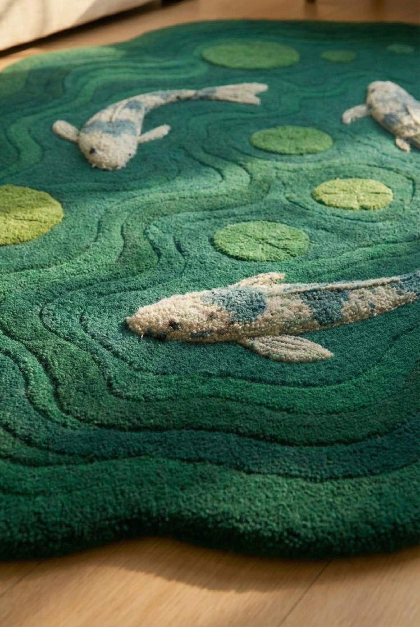 Hand Tufted Wool Rug ,koi Fish Pond Rug Serene Green Irregular Shape ...