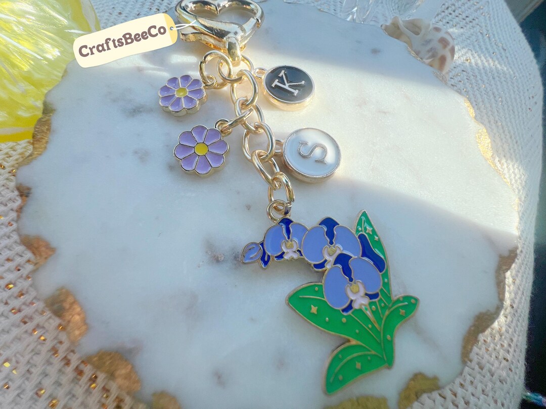 Personalized Initial IRIS Flower Heart Keyring Key Chain Key Ring Cute ...
