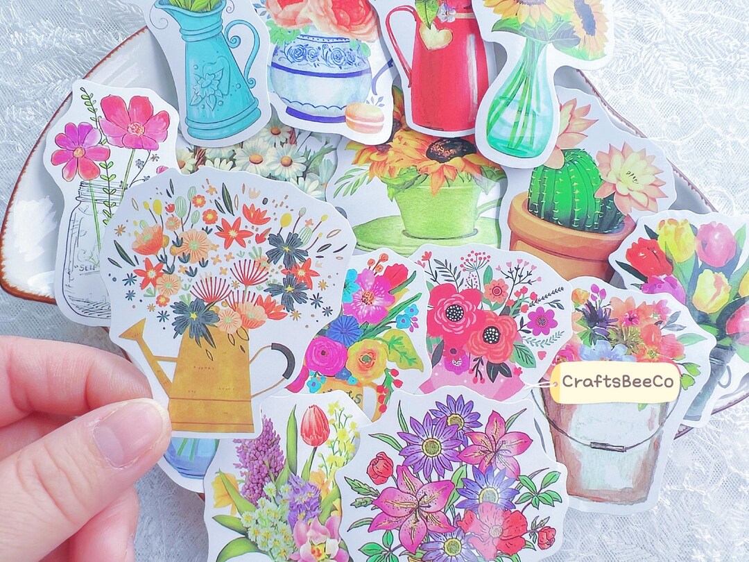 50 Pcs Flower & Pot Floral Vinyl Stickers - Fun Garden Stickers Pack ...