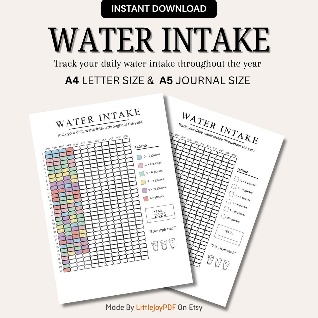 Water Intake Tracker Printable | Yearly Hydration Log | Color-in A4 A5 ...