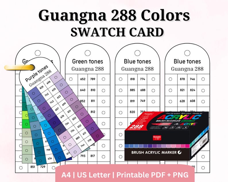 Guangna 288 Acrylic Marker Swatch Cards, Printable PDF and PNG, A4 and ...