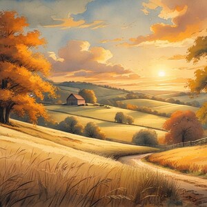 Vintage Fall Sunset Watercolor Print: Earthy Autumn Landscape (digital ...