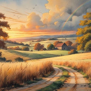 Vintage Fall Sunset Watercolor Print: Earthy Autumn Landscape (digital ...