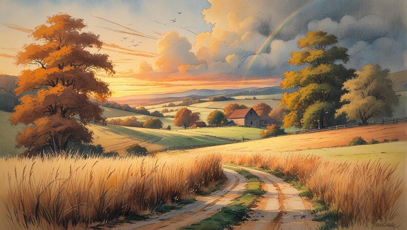 Vintage Fall Sunset Watercolor Print: Earthy Autumn Landscape (digital ...