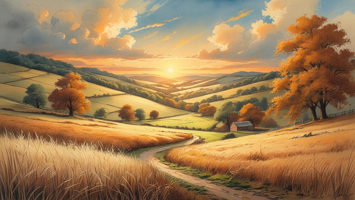 Vintage Fall Sunset Watercolor Print: Earthy Autumn Landscape (digital ...