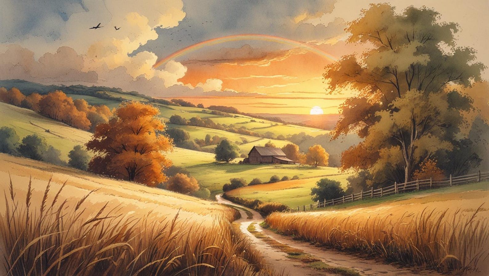 Vintage Fall Sunset Watercolor Print: Earthy Autumn Landscape (digital ...