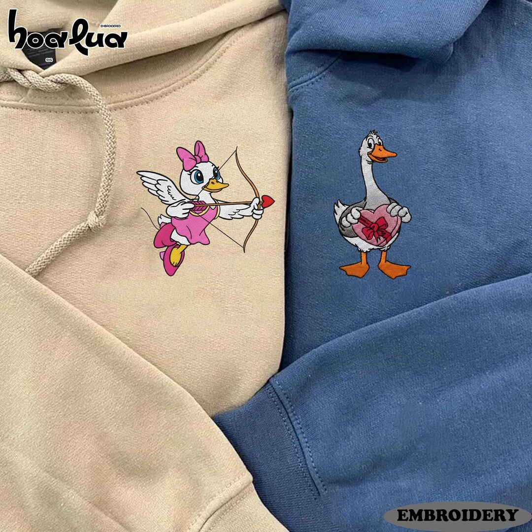 Embroidered Cute Duck & Cupid Sweatshirt, Valentine’s Day Gift, Unique ...
