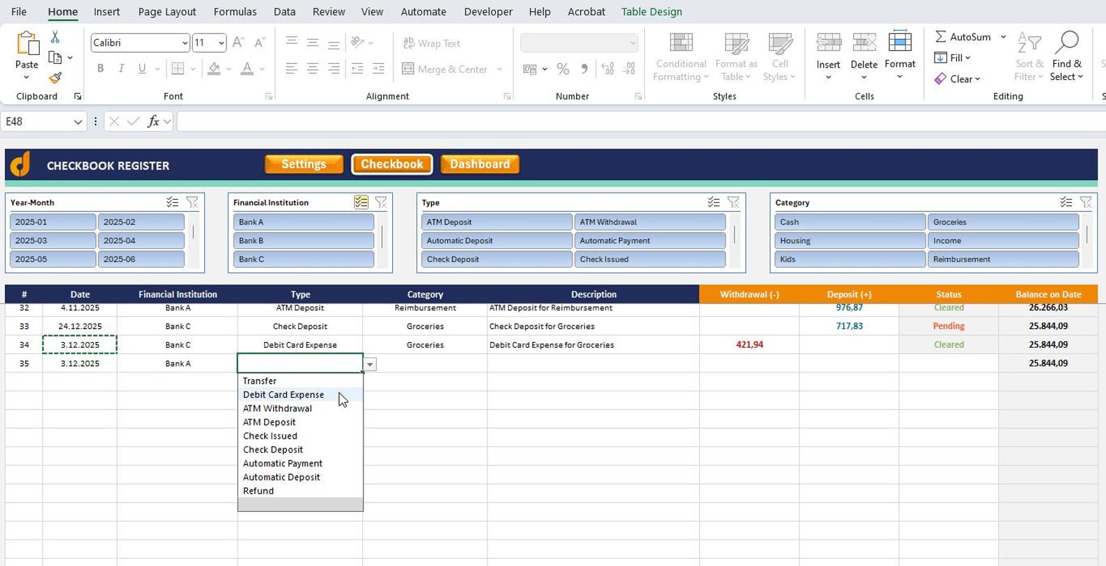Checkbook Register Excel Template | Digital Bank Account Tracker ...
