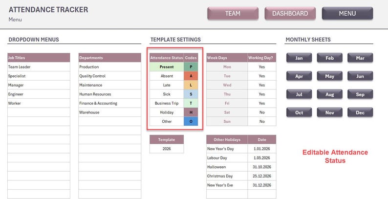 Employee Attendance Tracker | Excel Spreadsheet | HR Template | Monthly ...