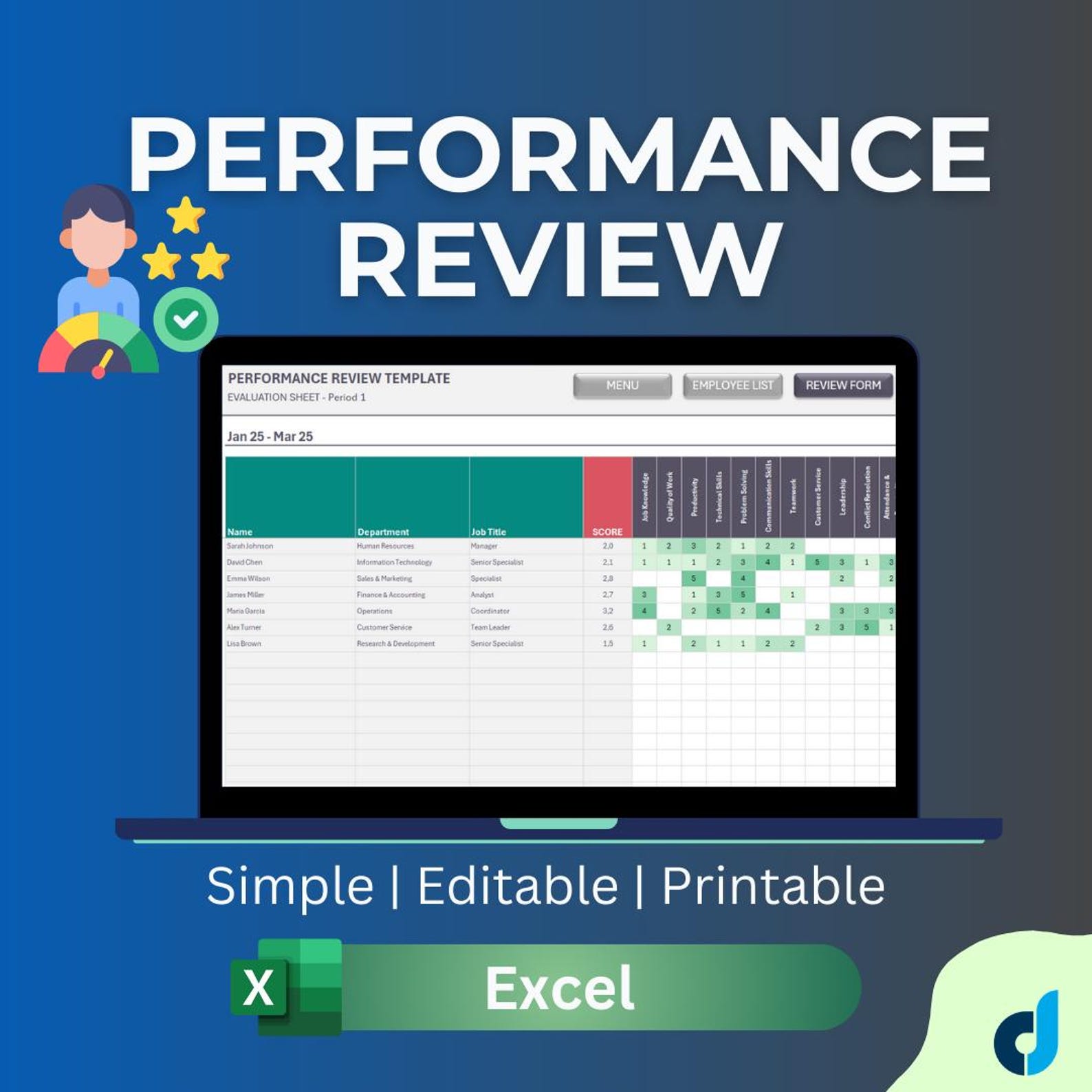 Employee Performance Review Excel Template: HR Evaluation Spreadsheet ...