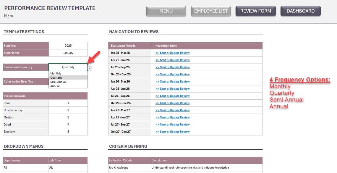 Employee Performance Review Excel Template: HR Evaluation Spreadsheet ...