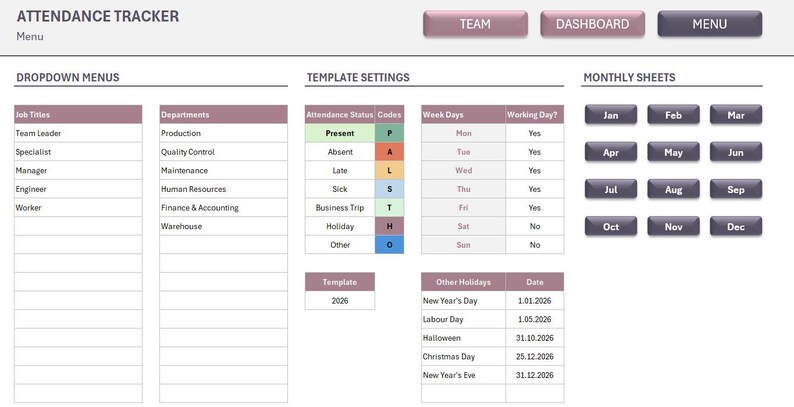 Employee Attendance Tracker | Excel Spreadsheet | HR Template | Monthly ...