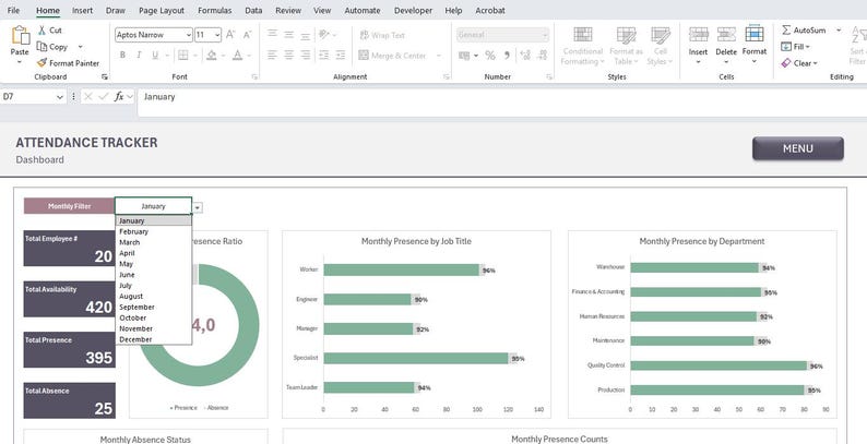 Employee Attendance Tracker | Excel Spreadsheet | HR Template | Monthly Dashboard | Instant ...