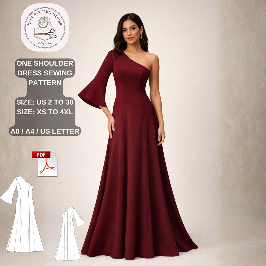 One Shoulder Dress Sewing Pattern, Evening Gown With Slit, Flare Sleeve ...