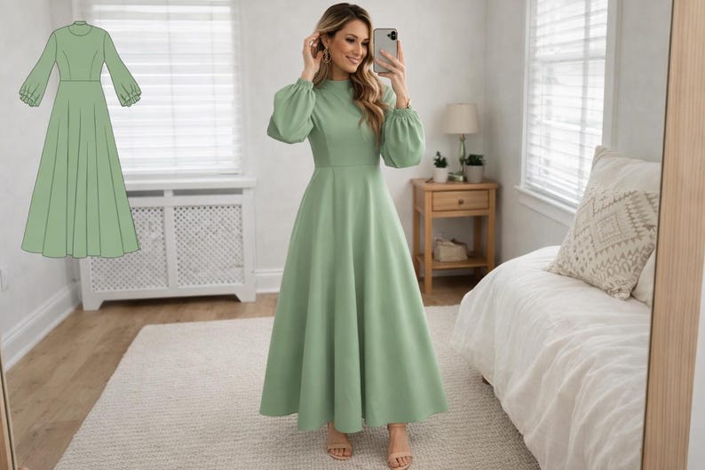 Puff Sleeve Maxi Dress Sewing Pattern, A-line Gown (PDF Pattern, US 2 ...