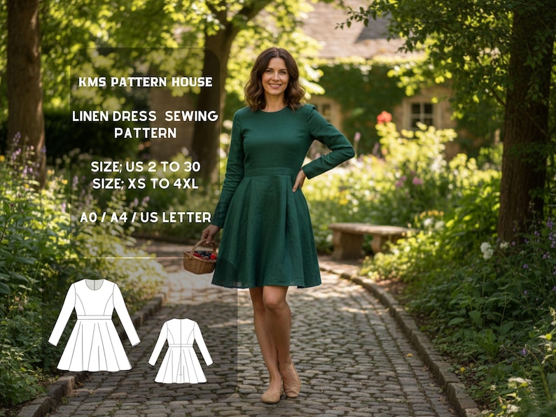 Linen Midi Dress Sewing Pattern, Fit and Flare (PDF Pattern, US 2-30 ...