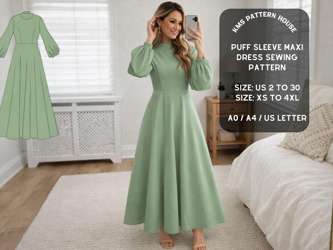 Puff Sleeve Maxi Dress Sewing Pattern, A-line Gown (PDF Pattern, US 2 ...