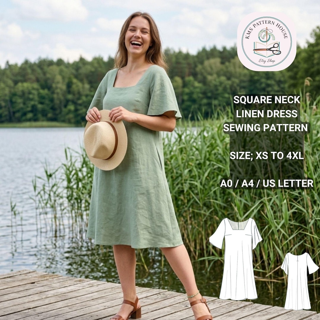 Square Neck Linen Dress Sewing Pattern, Loose Fit Midi With Pockets ...