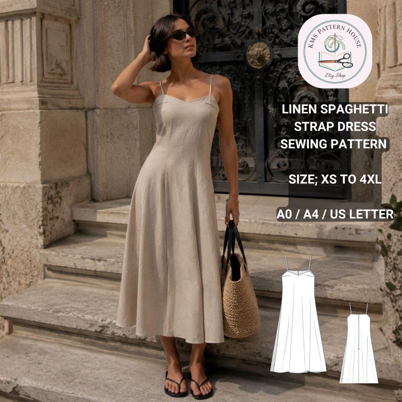 Linen Maxi Dress Sewing Pattern, Sleeveless Button Front (PDF Pattern ...