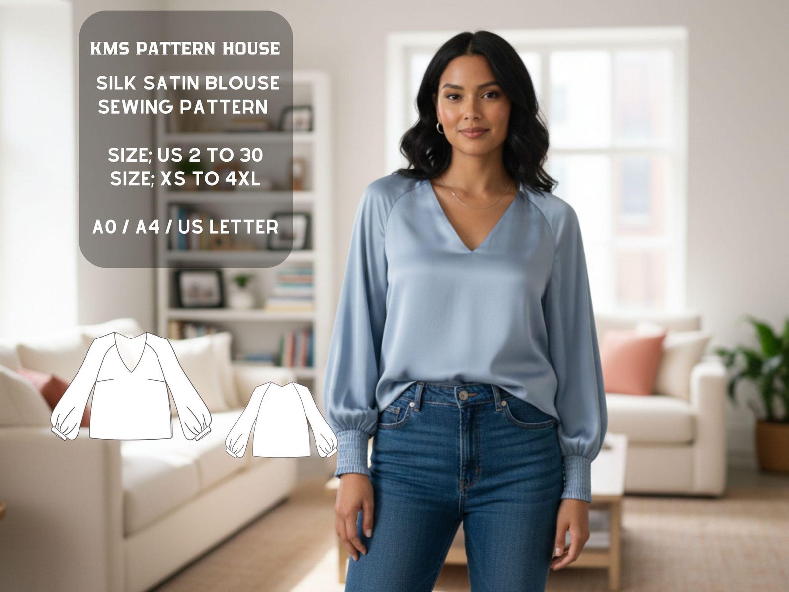 Silk Satin Blouse Sewing Pattern, V-neck Raglan Sleeve Top (PDF Digital ...