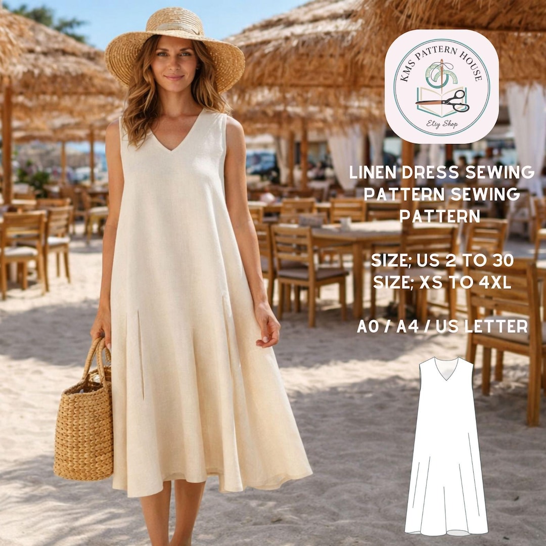 Linen Dress Sewing Pattern, V-neck Sleeveless Midi, A-line Summer (PDF ...