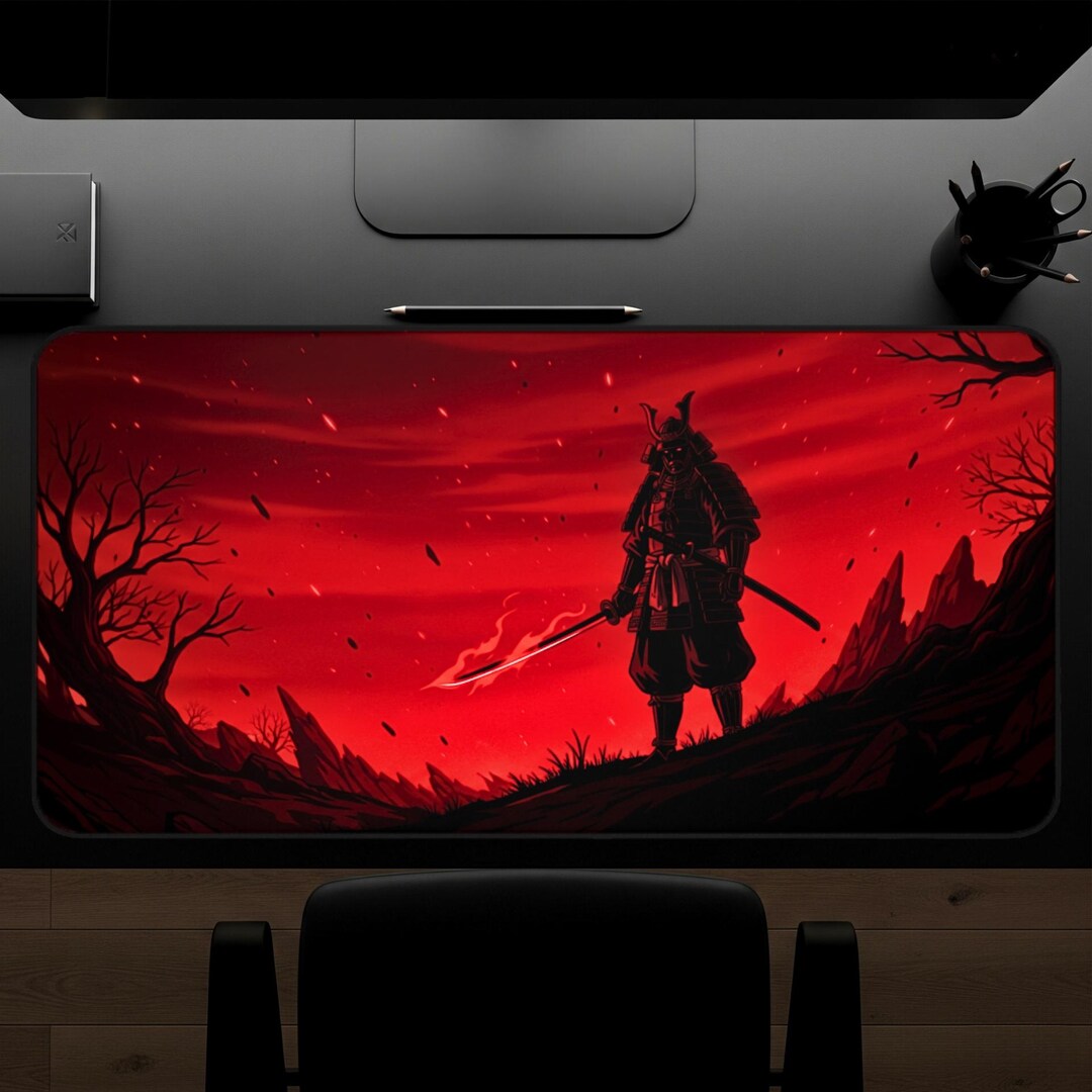 Samurai Desk Mat: Japanese Sunset Mouse Pad, Warrior Art Desk Decor ...