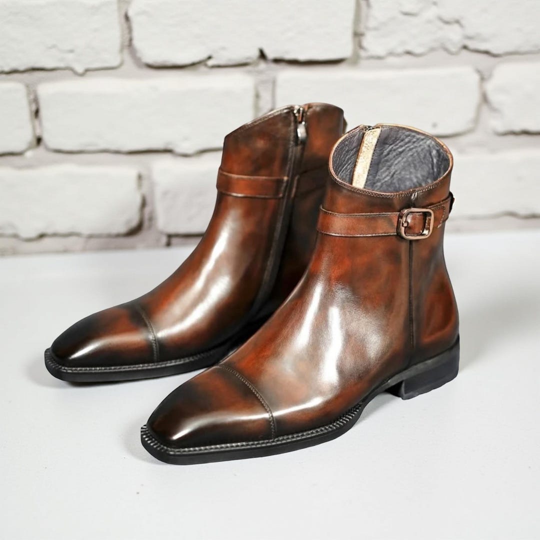 Men’s Brown Patina Cap Toe Boots Handmade Leather Ankle Boots With Side ...