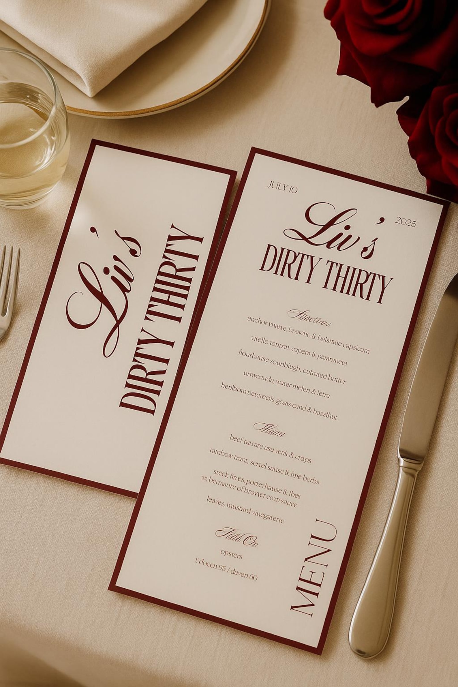 Editable 30th Birthday Dinner Menu: Luxe Red & Cream Canva Template ...