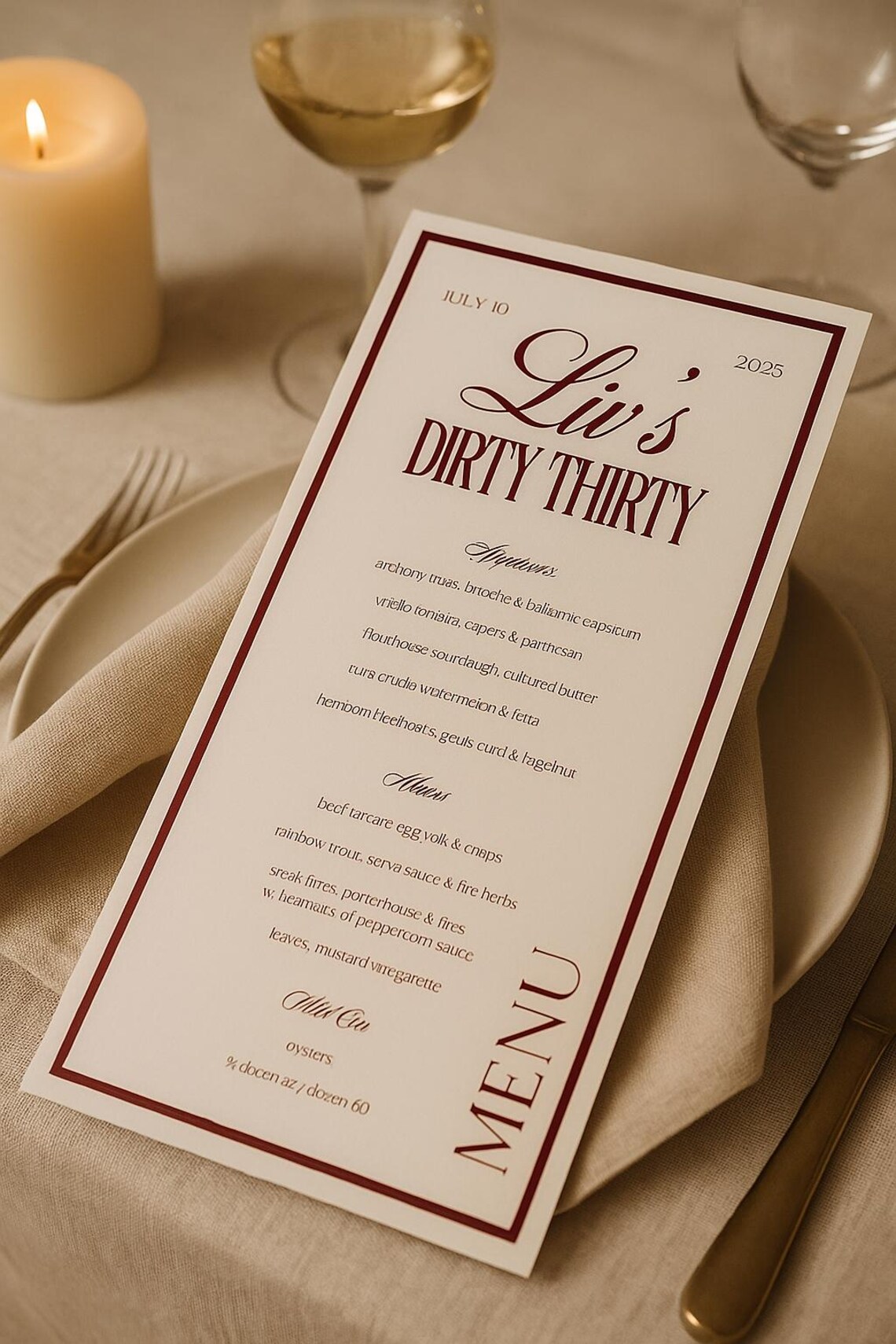 Editable 30th Birthday Dinner Menu: Luxe Red & Cream Canva Template ...