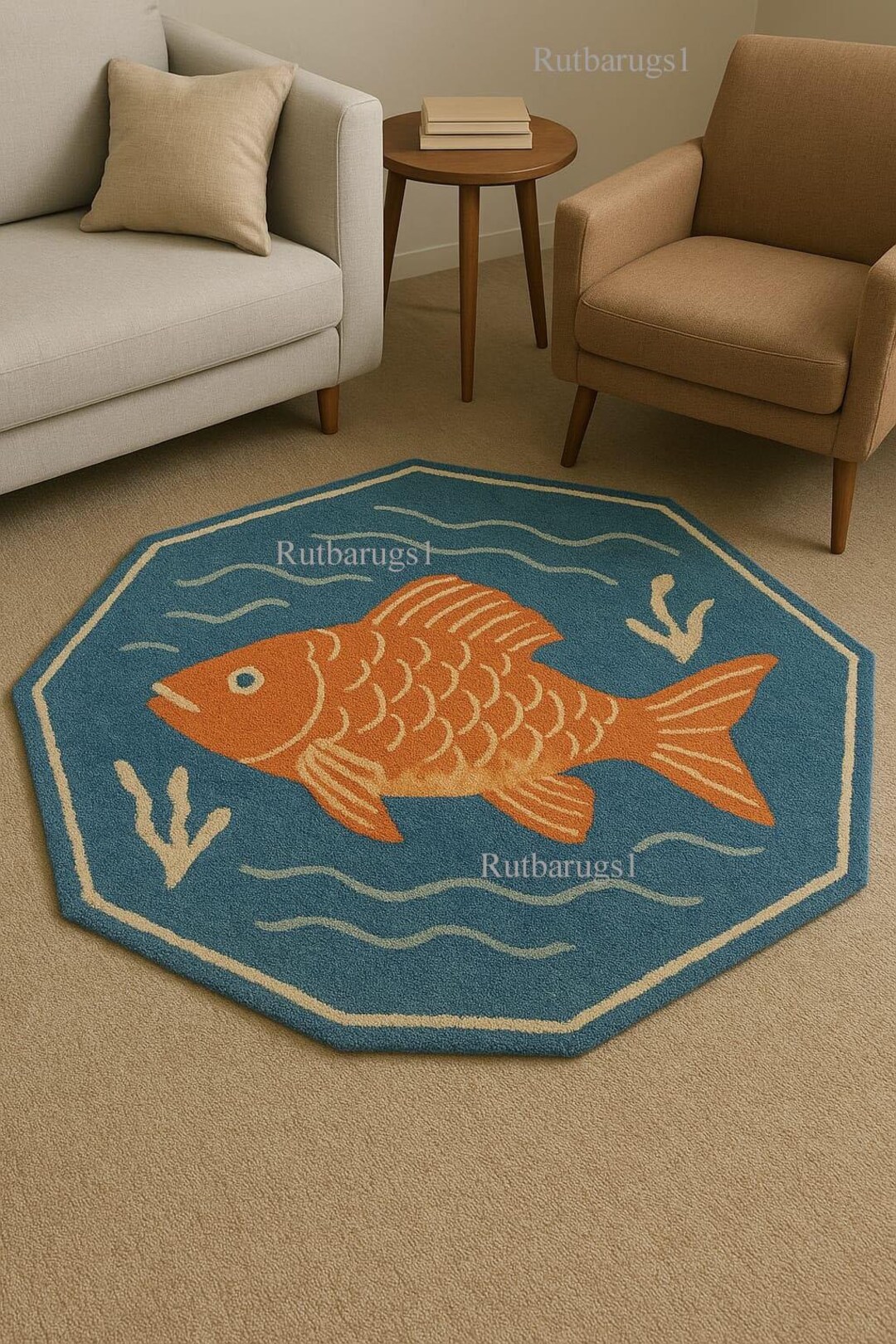 Octagon Fish Rug-handmade Tufted Carpet With Orange Fish Design on Blue ...