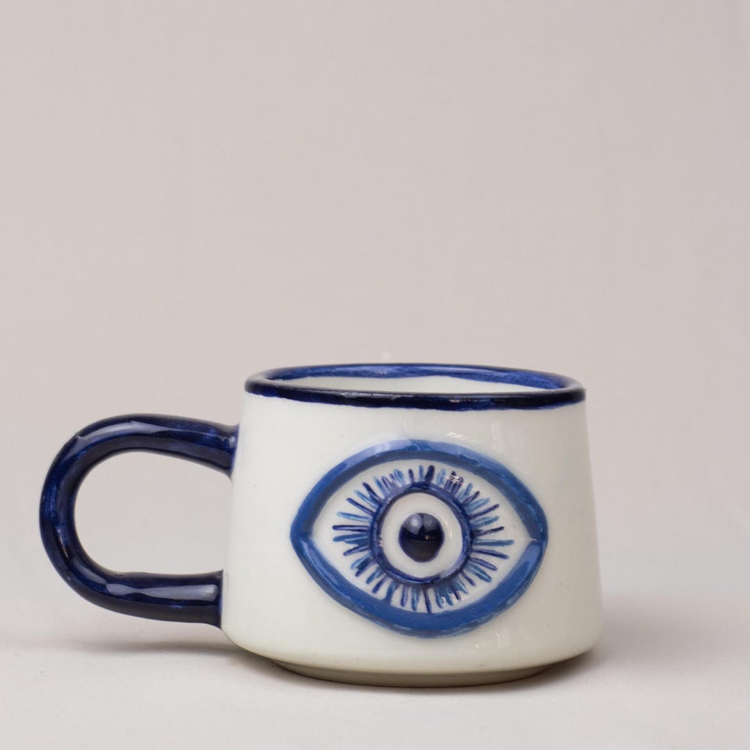 Handmade Ceramic Eye Mug: Blue & White Boho Coffee Cup - Etsy