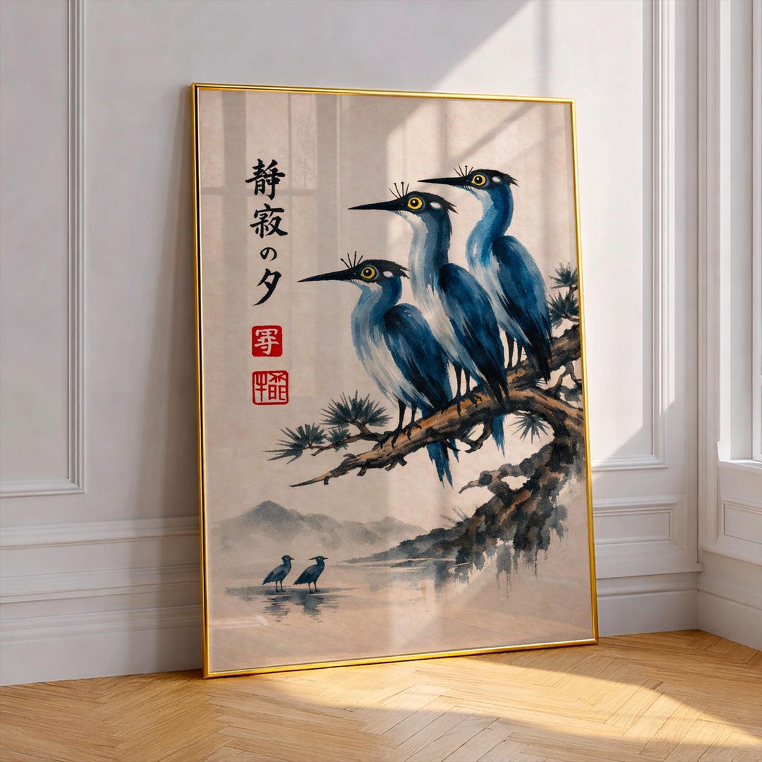 Japanese Blue Heron Art Print, Sumi-e Pine Tree Poster, Zen Nature Wall ...
