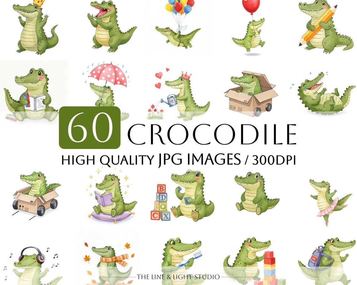 60 Crocodile Clipart Bundle, Watercolor Crocodile JPG, Cute Crocodile ...