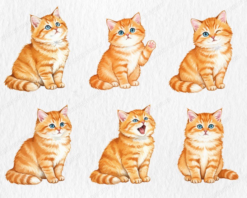 22 Orange Cat PNG Clipart Bundle, Cute Ginger Kitten, Watercolor Cat ...