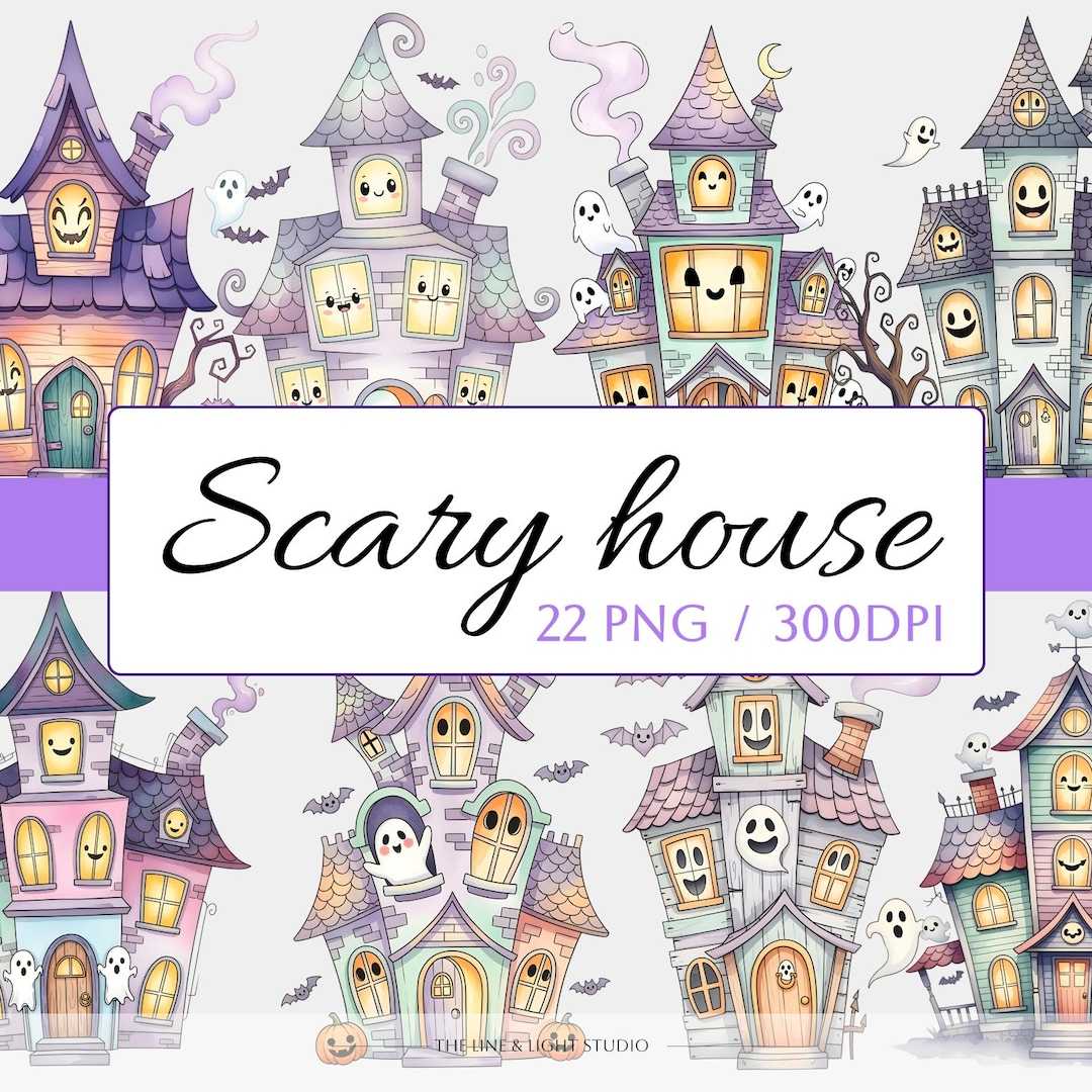 22 Watercolor Cute Halloween House Clipart PNG Bundle, Printable Spooky ...