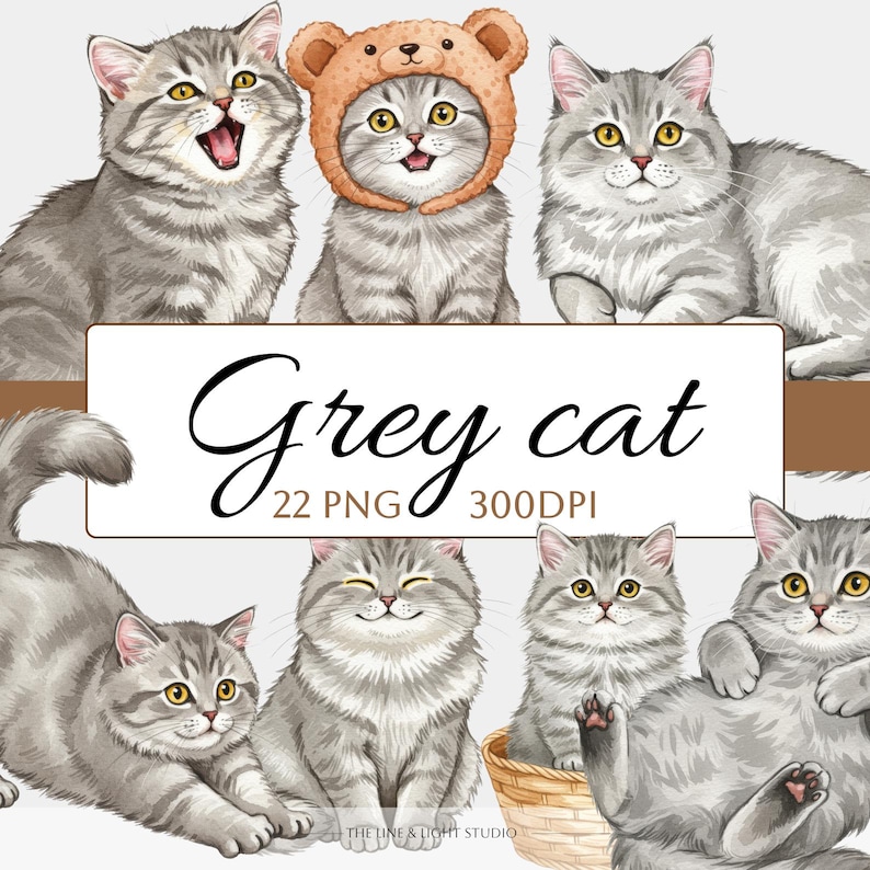 22 Grey Cat Clipart Bundle Png,cute Grey Kitten, Watercolor Cat ...