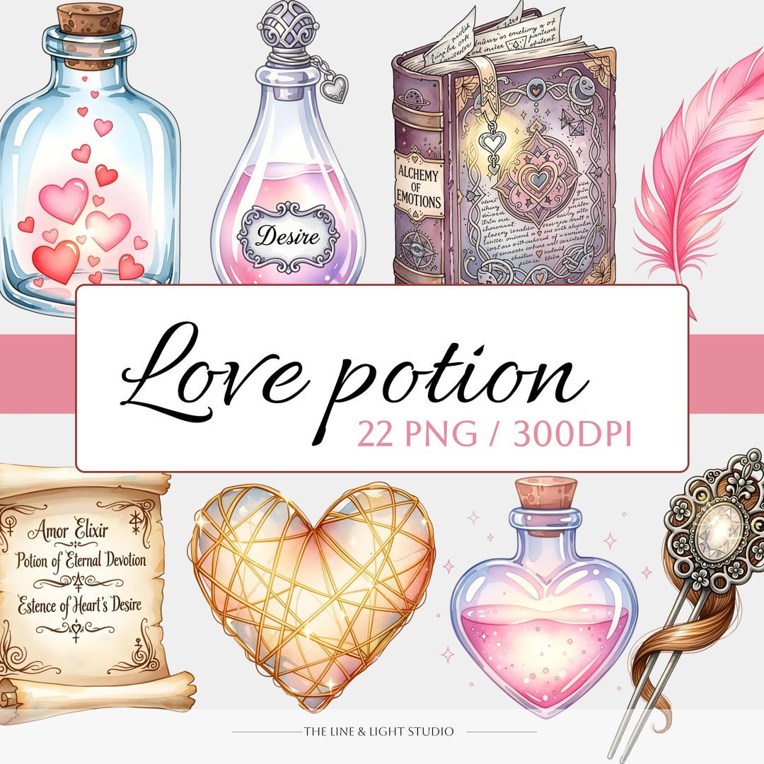 Watercolor Love Potion Clipart, Magical Elixir PNG Bundle (digital ...