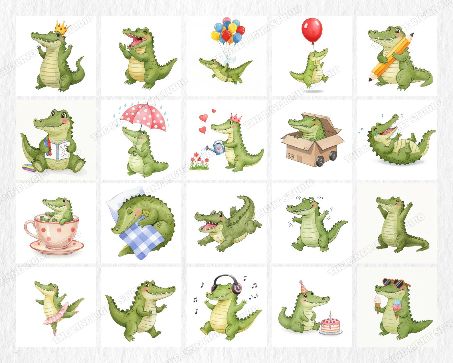 60 Crocodile Clipart Bundle, Watercolor Crocodile JPG, Cute Crocodile ...