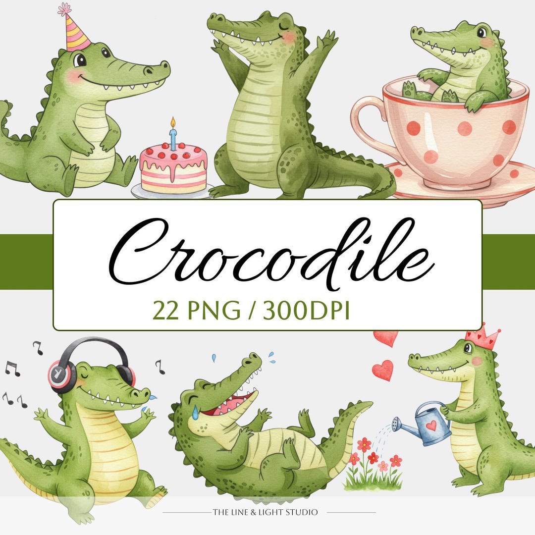 22 Crocodile Clipart Bundle, Watercolor Crocodile PNG, Cute Crocodile ...