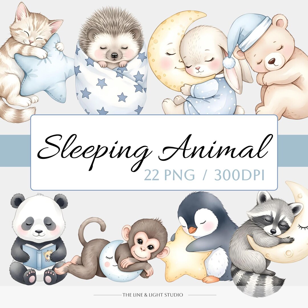 22 Watercolor Cute Sleeping Baby Animal Clipart Bundle PNG, Cute ...