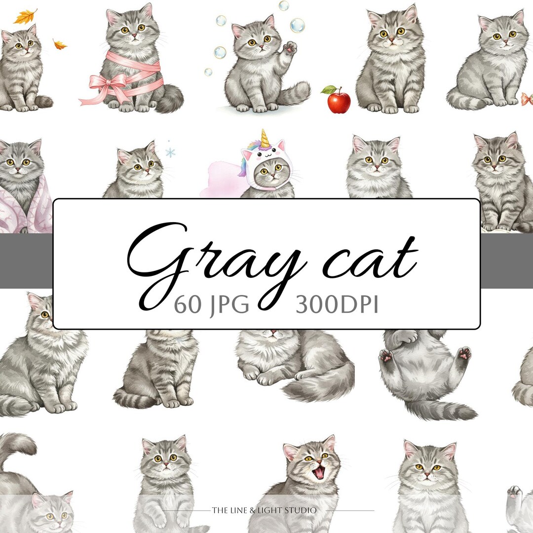 60 Grey Cat Clipart Bundle JPG, Cute Kitten, Watercolor Cat Printable ...
