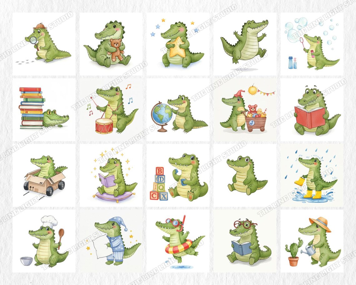60 Crocodile Clipart Bundle, Watercolor Crocodile JPG, Cute Crocodile ...