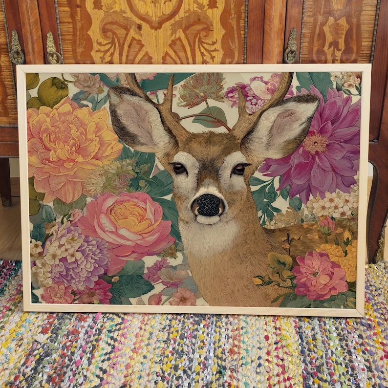 Deer Floral Print — Maximalist Woodland Wall Art With Colorful Blossoms ...