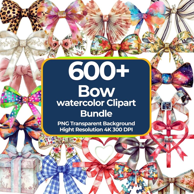 Watercolor Bow Clipart Bundle: 600+ Ribbon Clipart 4K PNG Graphics ...